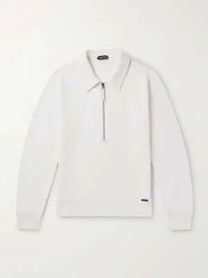 TOM FORD Leather-trimmed Cotton And Cashmere-blend Jersey Half-zip Sweatshirt