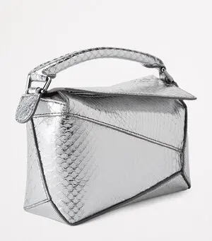 Loewe Mini Python Skin Puzzle Edge Top-handle Bag - Silver