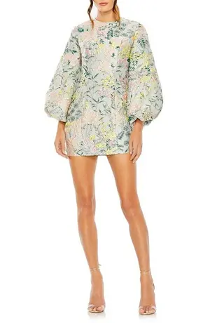 Mac Duggal Floral Brocade Puff Sleeve Mini Dress - Pastel Multi