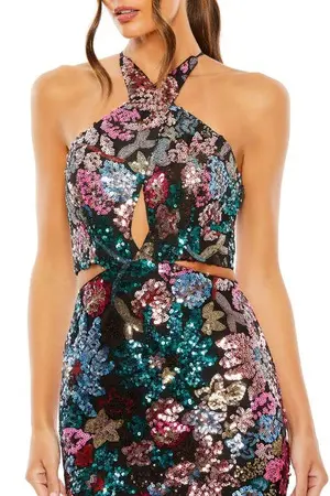 Mac Duggal Sequin Embellished Cross Neck Gown