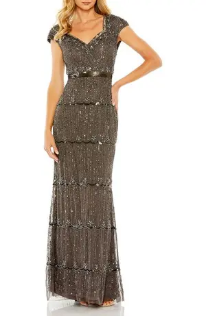 Mac Duggal Cap Sleeve Embellished Column Gown - Charcoal