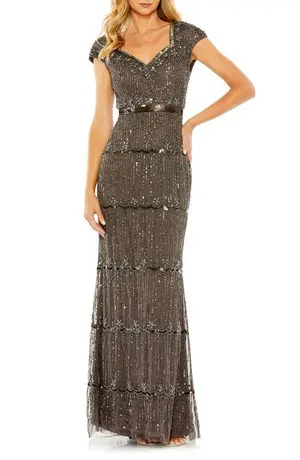 Mac Duggal Cap Sleeve Embellished Column Gown - Charcoal