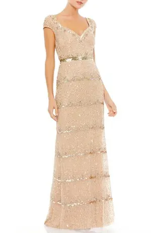 Mac Duggal Cap Sleeve Embellished Column Gown - Nude