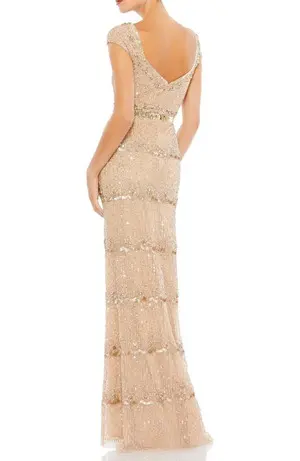 Mac Duggal Cap Sleeve Embellished Column Gown - Nude