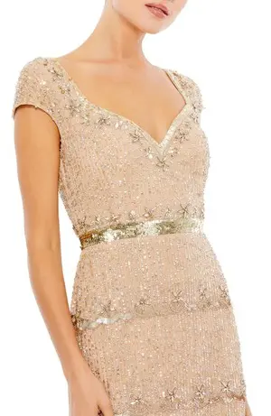 Mac Duggal Cap Sleeve Embellished Column Gown - Nude