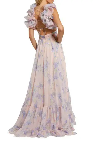 Mac Duggal Ruffle Tiered Floral Cut-out Chiffon Gown - Violet Multi