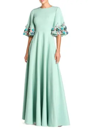 Mac Duggal Stretch Satin Gown With Floral Sleeves - Sage