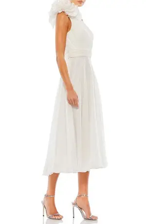Mac Duggal Rosette One-shoulder Tea-length Dress - White