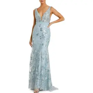 Mac Duggal Floral Embellished Sleeveless Plunge Neck Gown - Seafoam