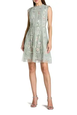 Mac Duggal Sequin Floral Tulle Mini Dress - Sage Multi