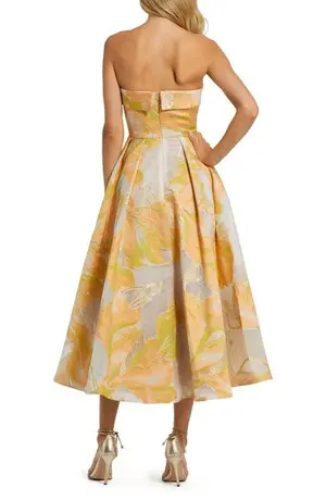 Mac Duggal Strapless Floral Print Brocade Midi Dress - Peach Multi
