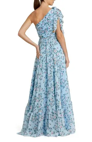 Mac Duggal Floral Chiffon One-shoulder A-line Gown - Aqua Multi
