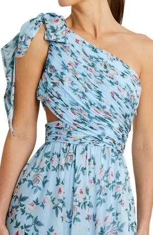 Mac Duggal Floral Chiffon One-shoulder A-line Gown - Aqua Multi