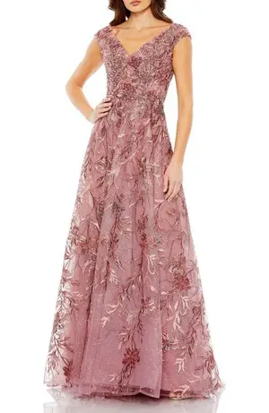 Mac Duggal Embroidered Illusion Cap Sleeve A-line Gown - Cinnamon