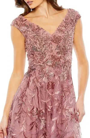 Mac Duggal Embroidered Illusion Cap Sleeve A-line Gown - Cinnamon