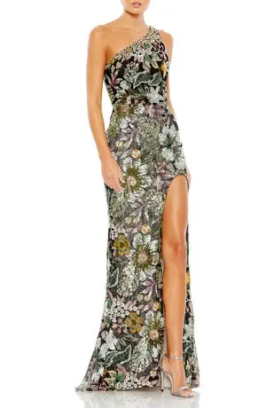 Mac Duggal Embellished Floral One Shoulder Gown - Black Multi