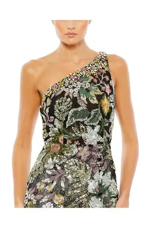 Mac Duggal Embellished Floral One Shoulder Gown