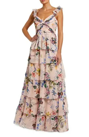 Mac Duggal Ruffle Sleeveless Chiffon Tiered Floral Print Gown