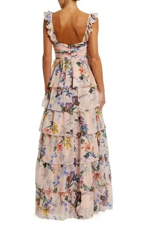 Mac Duggal Ruffle Sleeveless Chiffon Tiered Floral Print Gown