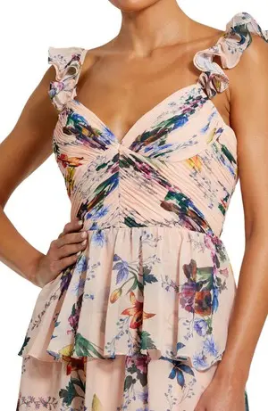 Mac Duggal Ruffle Sleeveless Chiffon Tiered Floral Print Gown