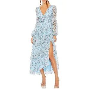 Mac Duggal Puff Sleeve Floral Printed Midi Dress - Aqua Multi