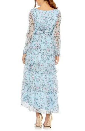 Mac Duggal Puff Sleeve Floral Printed Midi Dress - Aqua Multi