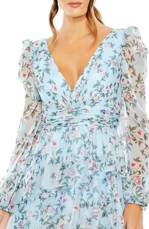 Mac Duggal Puff Sleeve Floral Printed Midi Dress - Aqua Multi