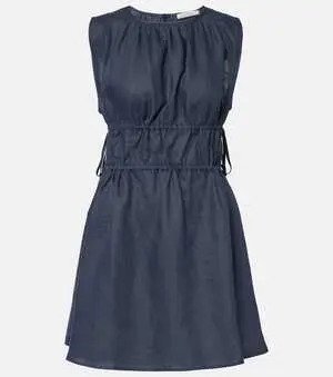 Asceno Como Gathered Linen Minidress - Blue