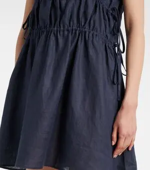 Asceno Como Gathered Linen Minidress - Blue