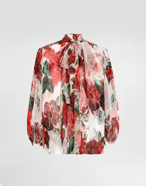 Dolce & Gabbana Chiffon Pussy-bow Blouse With Rose - Print