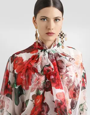Dolce & Gabbana Chiffon Pussy-bow Blouse With Rose - Print