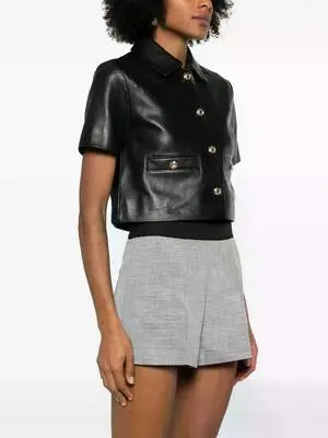 Maje Cropped Leather Jacket With Gold Button Detail - Black