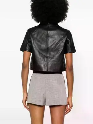 Maje Cropped Leather Jacket With Gold Button Detail - Black
