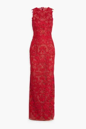 Marchesa Floral-appliquéd Corded Lace Gown - Red