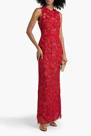 Marchesa Floral-appliquéd Corded Lace Gown - Red