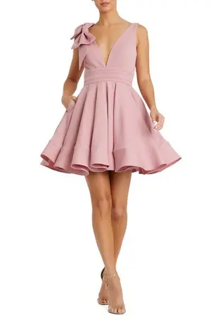 Mac Duggal Plunging V-neck Mini Dress With Bow Detail - Rose