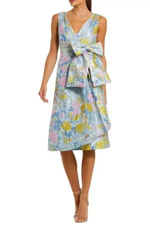 Mac Duggal Floral Brocade Bow Midi Dress - Blue Multi
