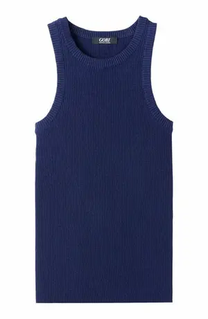 Gobi Cashmere Ribbed Cotton Silk Cashmere Blend Tank Top - Navy