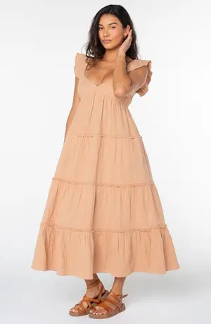 Roxy Palmy Days Tiered Cotton Midi Dress - Praline