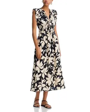 Aqua Floral Short Sleeve Midi Dress