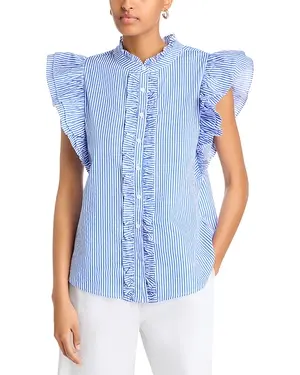 Aqua Stripe Poplin Ruffle Top