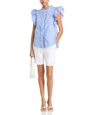 Aqua Stripe Poplin Ruffle Top