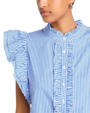 Aqua Stripe Poplin Ruffle Top