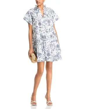 Aqua Toile Short Sleeve Mini Dress - Navy/wite