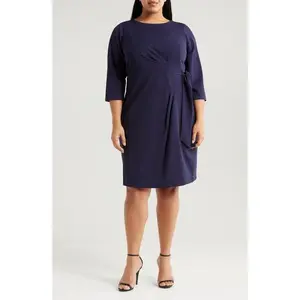 TAHARI ASL Side Tie Faux Wrap Sheath Dress - Midnight Navy