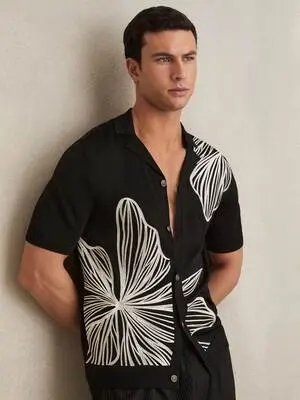 REISS Laurent Flower Embroidered Knit Shirt - Black