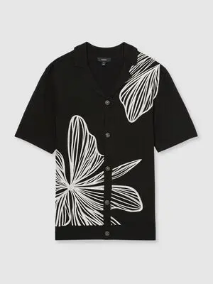 REISS Laurent Flower Embroidered Knit Shirt - Black