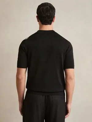 REISS Laurent Flower Embroidered Knit Shirt - Black