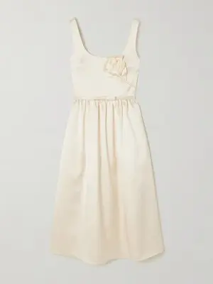 SELF-PORTRAIT Appliquéd Belted Satin Midi Dress