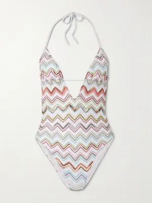 Missoni Striped Metallic Crochet-knit Halterneck Swimsuit - White